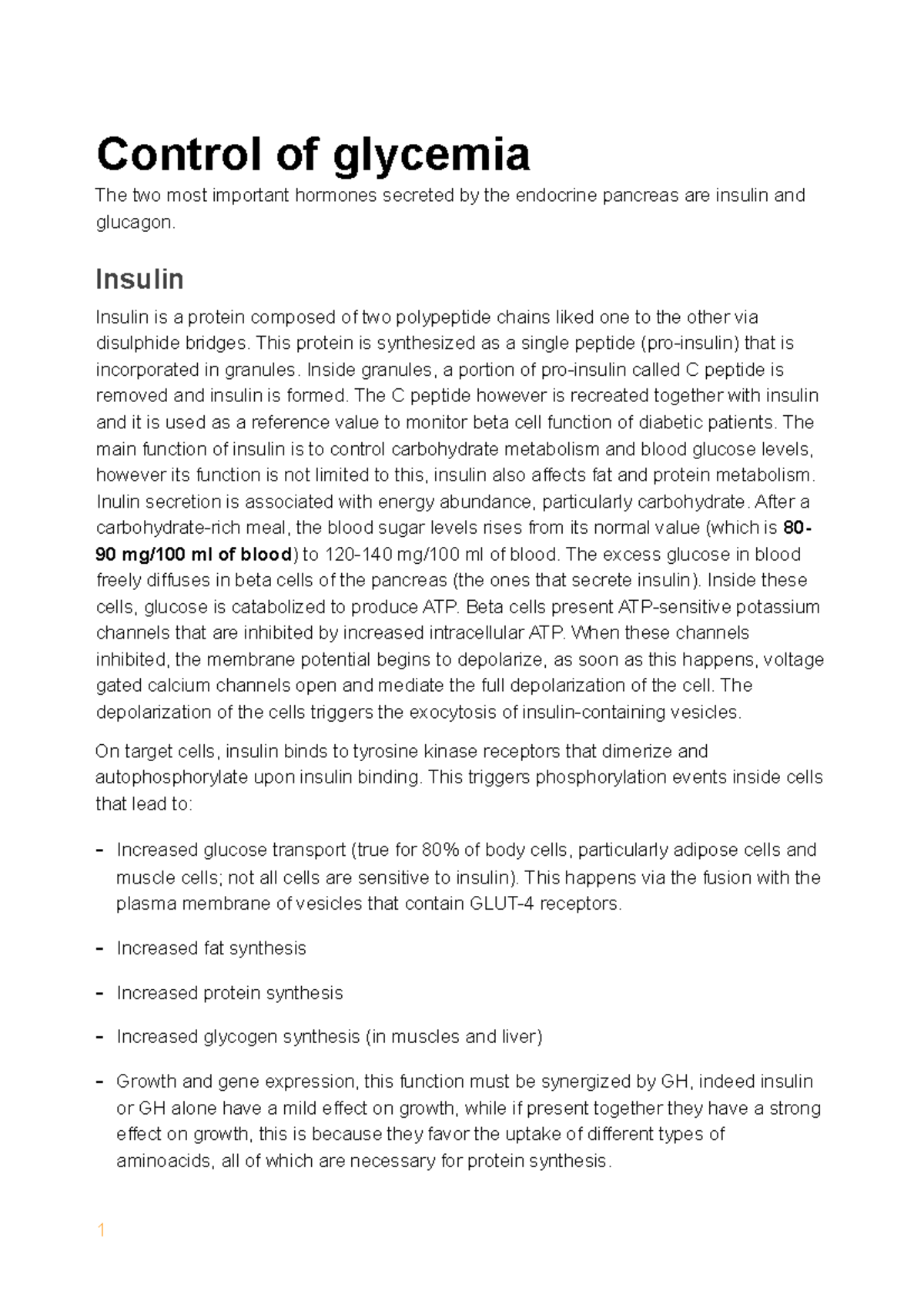 Glycemia notes - Control of glycemia The two most important hormones ...