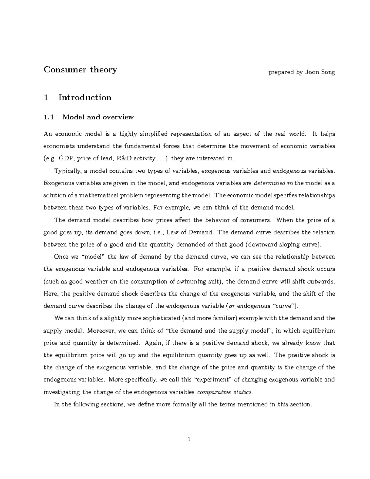 Note consumer - Inter Macroeconomic Theory - Consumer theory prepared by Joon Song 1 ...