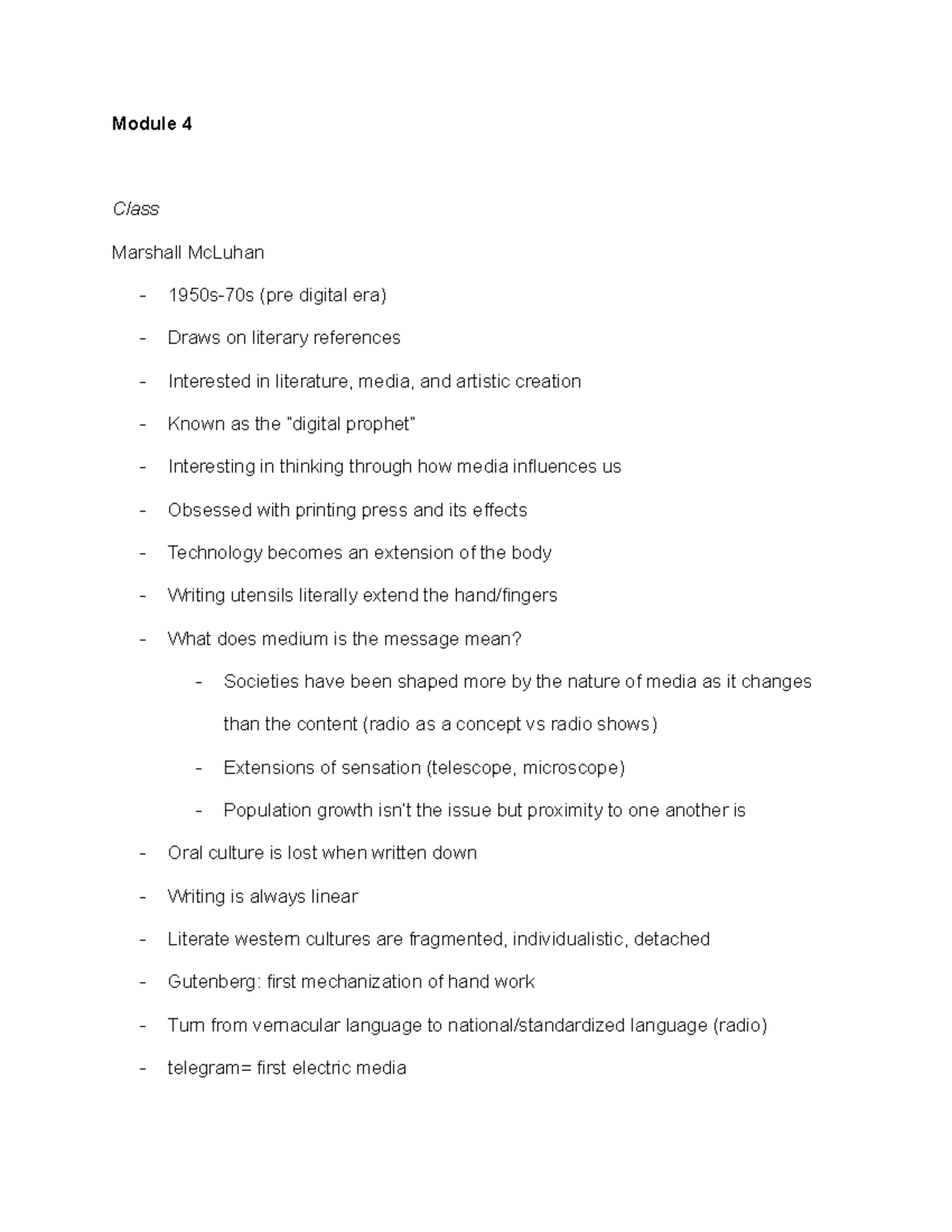 Module 4 Class Notes - Module 4 Class Marshall McLuhan - 1950s-70s (pre ...