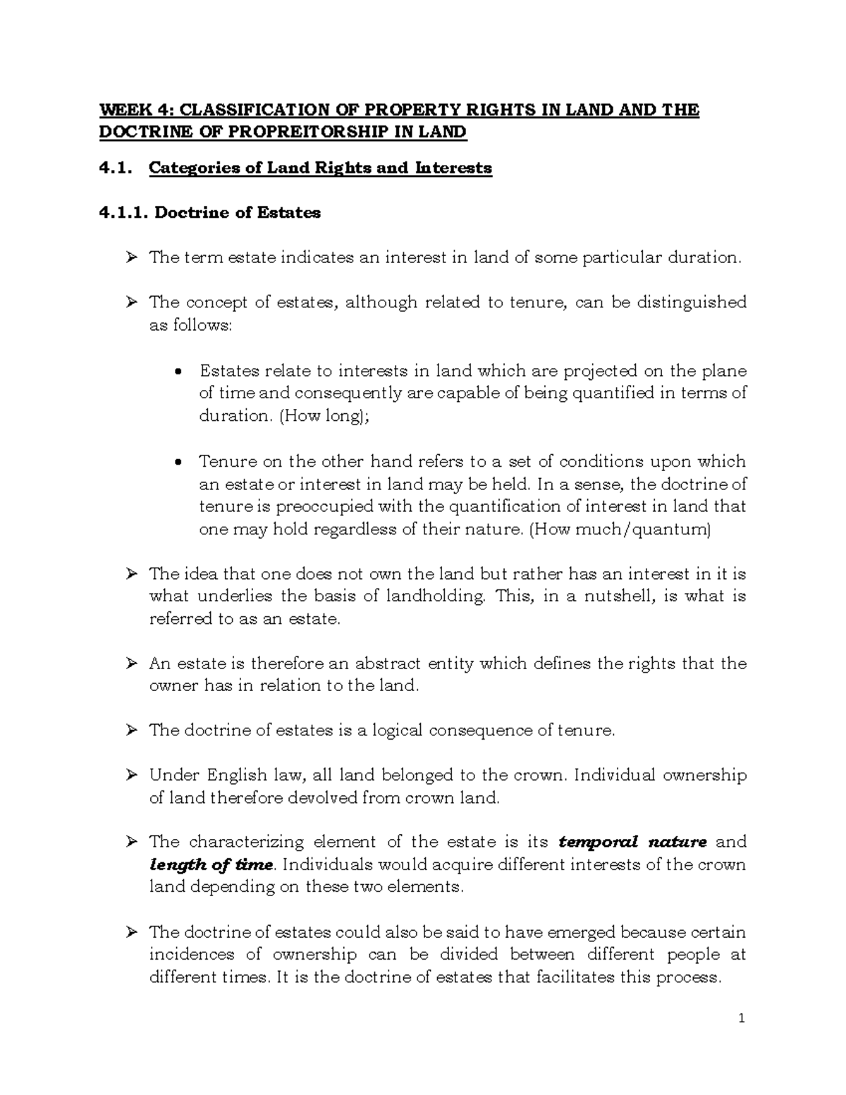 Property Law I-Classification of Property rights-wk4 notes - WEEK 4 ...