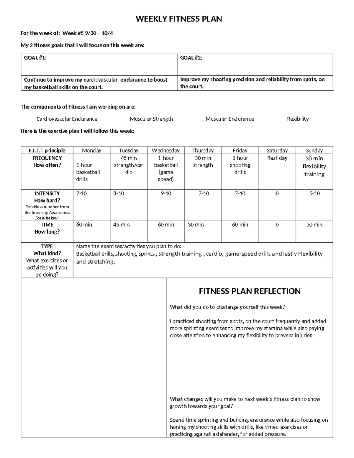 Fitness Plan. Week 5 (1) - WEEKLY FITNESS PLAN For the week of: Week #5 ...