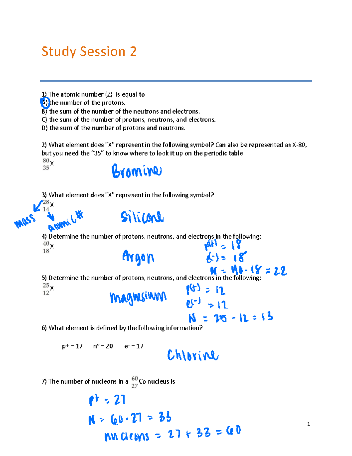 Practice problems week 2 - 1 Study Session 2 The atomic number (Z) is ...