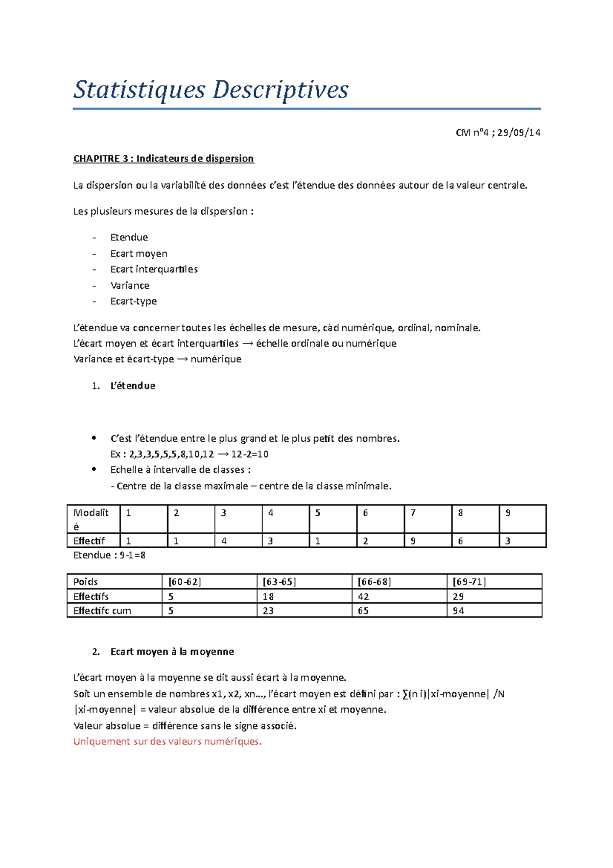 Statistiques Descriptives CM4 - Les plusieurs mesures de la dispersion ...