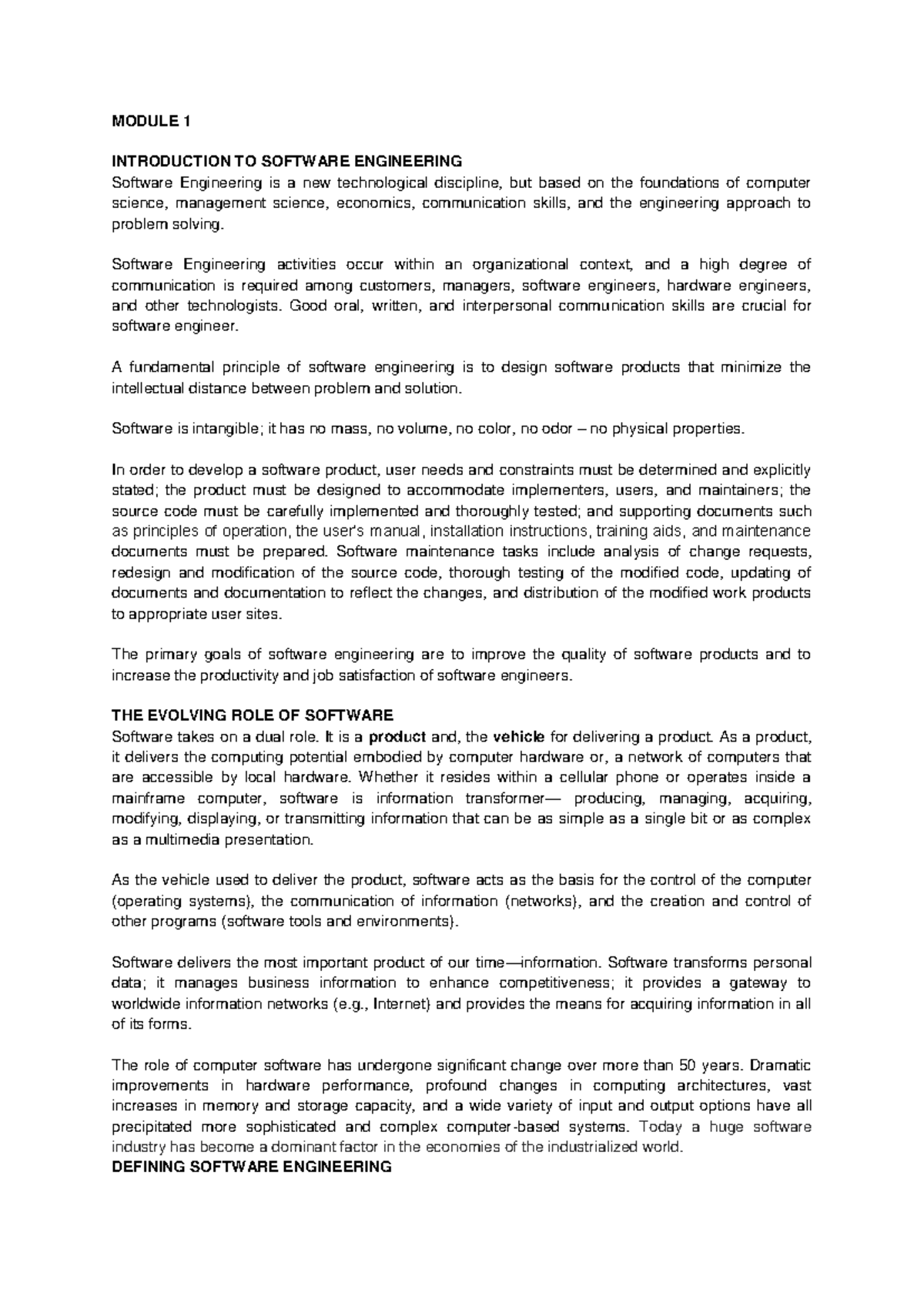 Se1 - Software engineering Sem 1 Notes - MODULE 1 INTRODUCTION TO ...