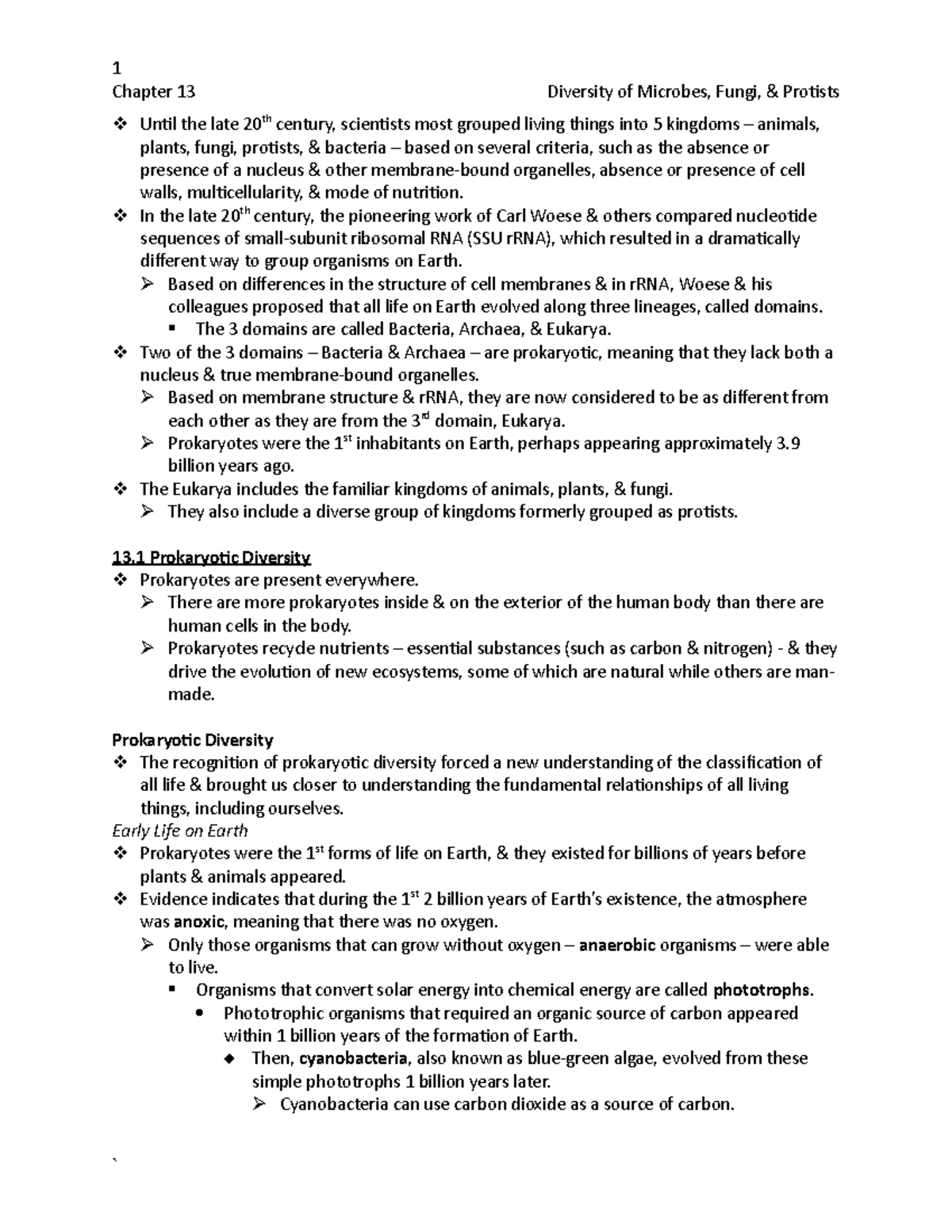 Chaper 13 notes - Chapter 13 Diversity of Microbes, Fungi, & Protists ...
