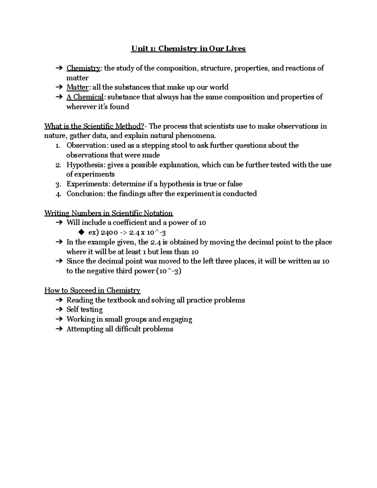 Unit 1 Chemistry Notes - Unit 1: Chemistry in Our Lives Chemistry: the ...