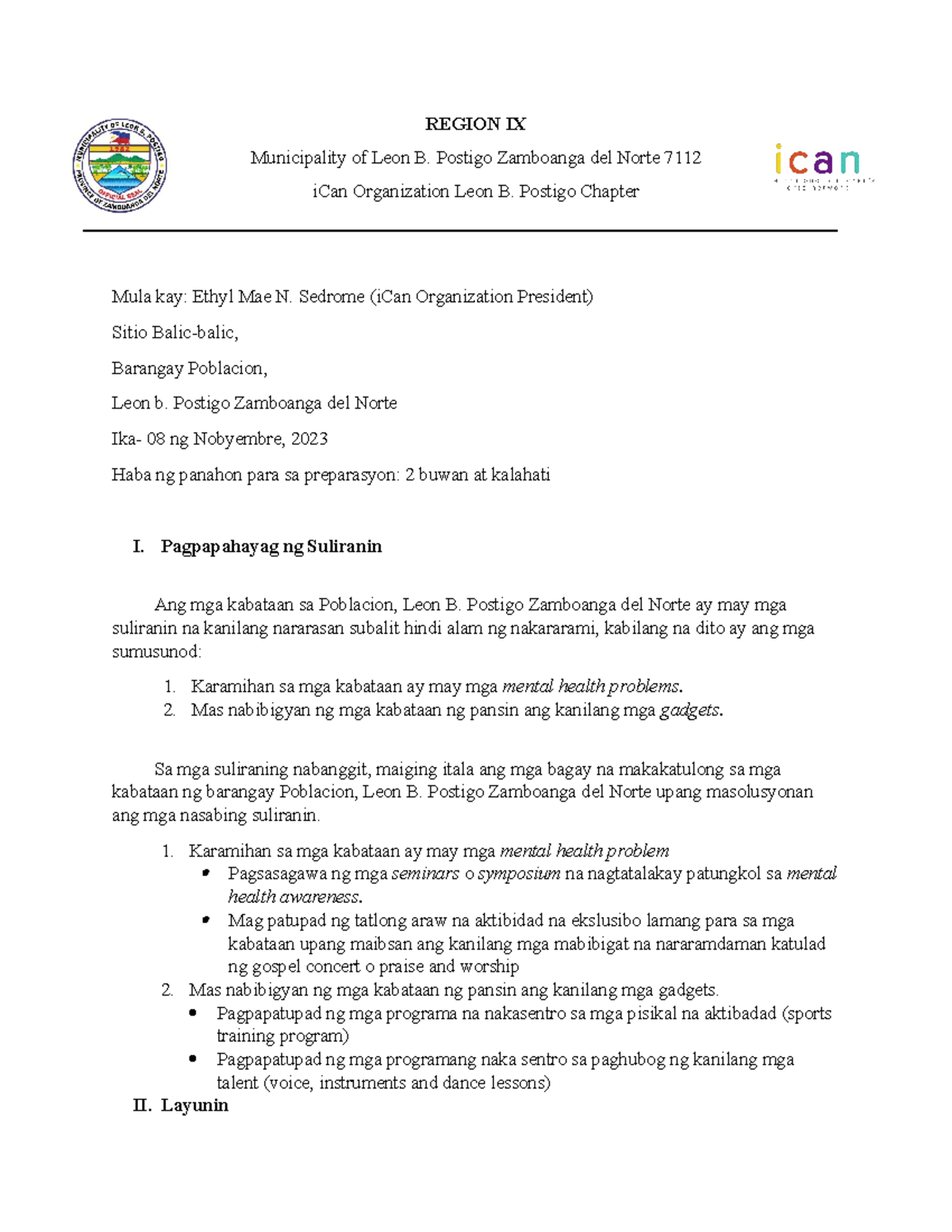 Panukalang Proyekto - REGION IX Municipality of Leon B. Postigo ...