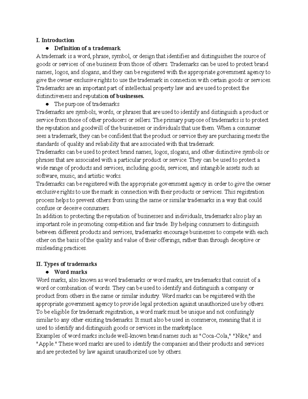 Trademarks Notes - I. Introduction Definition of a trademark A ...