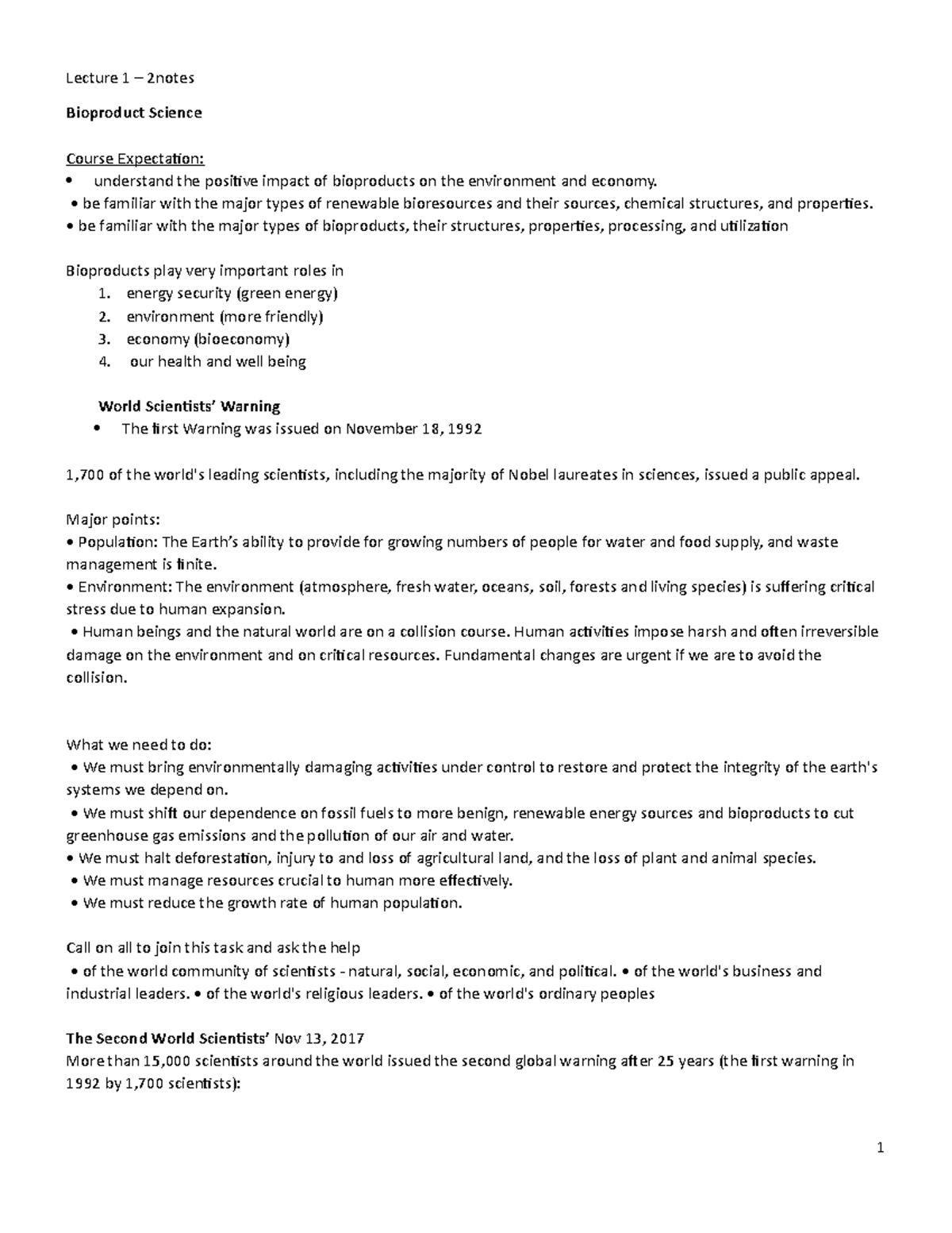 Lecture 1- 2 class notes two lectures - Lecture 1 – 2notes Bioproduct ...