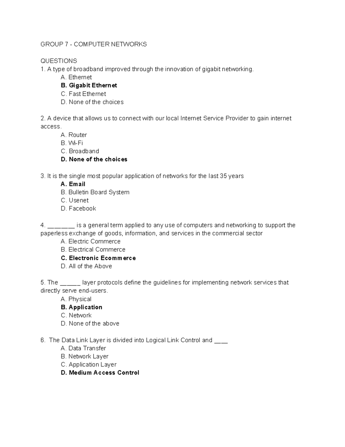 Practice test - GROUP 7 - COMPUTER NETWORKS QUESTIONS A type of ...