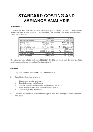 Basic Standard Costing AND Variance Analysis - STANDARD COSTING AND ...