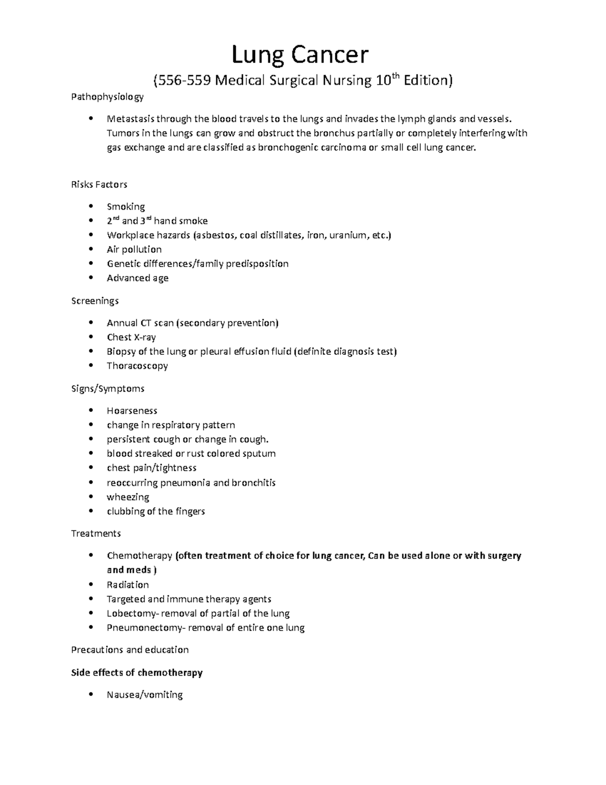 NUR 265- Lung Cancer - info need it for exam 4 - Lung Cancer (556-559 ...