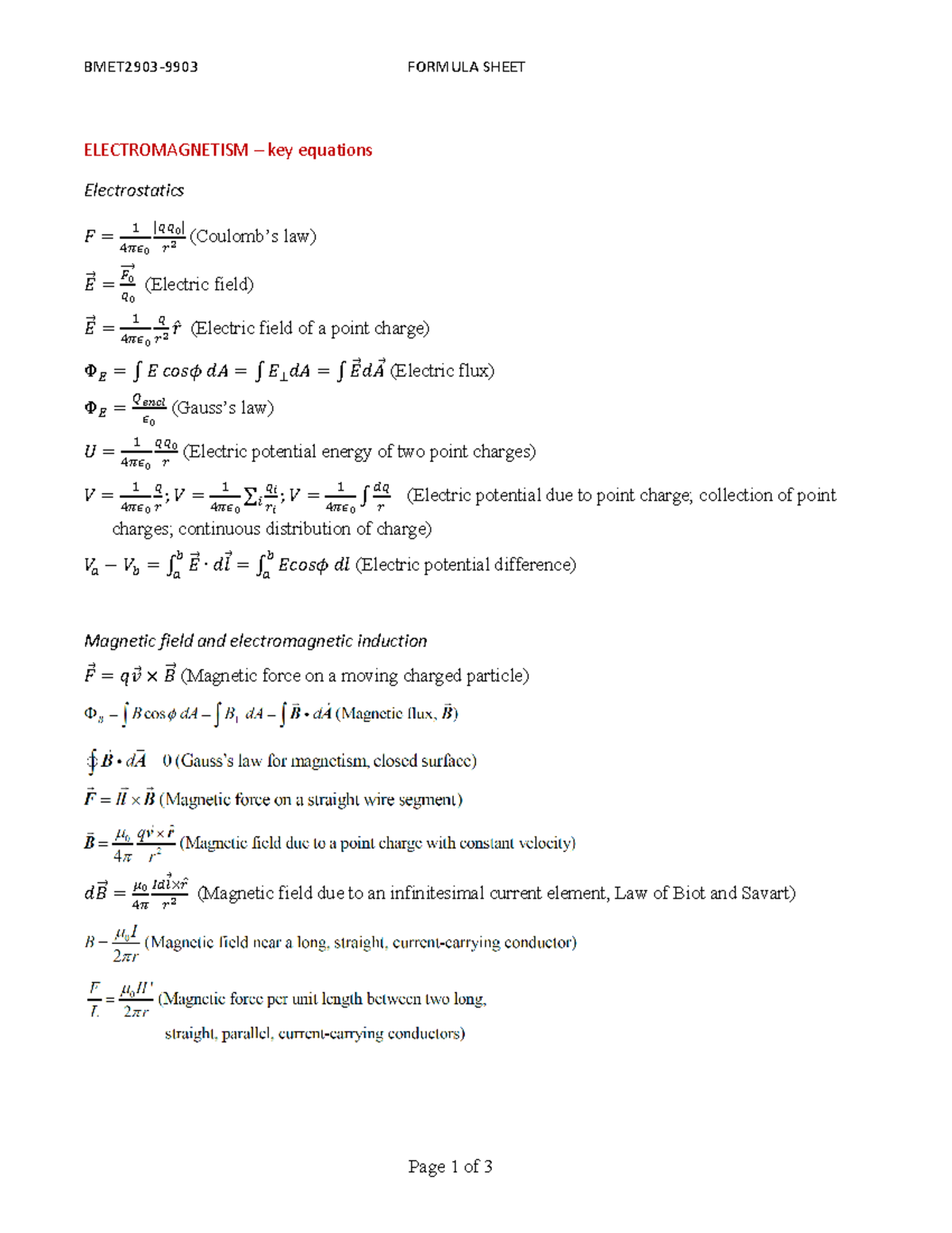 Electromagnetism Formula Sheet - BMET2903-9903 FORMULA SHEET Page 1 of ...