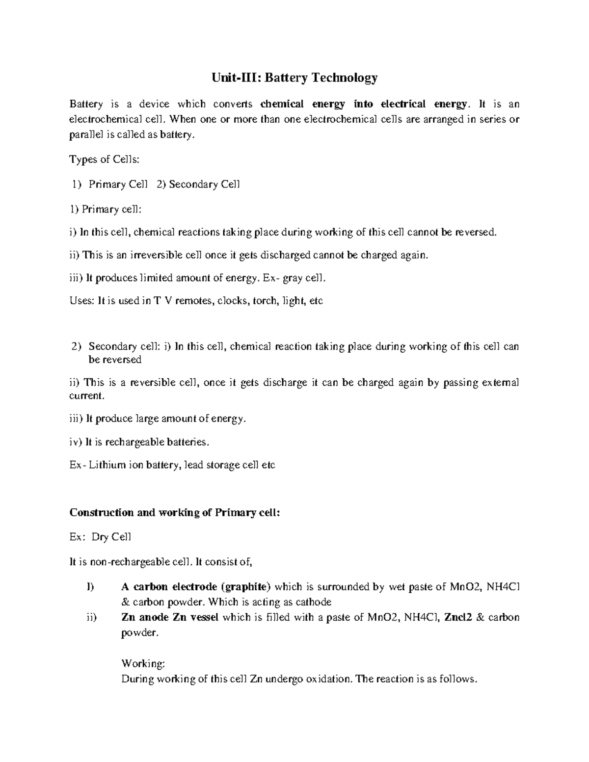 Unit-3-Battery Technology - Unit-III: Battery Technology Battery is a ...