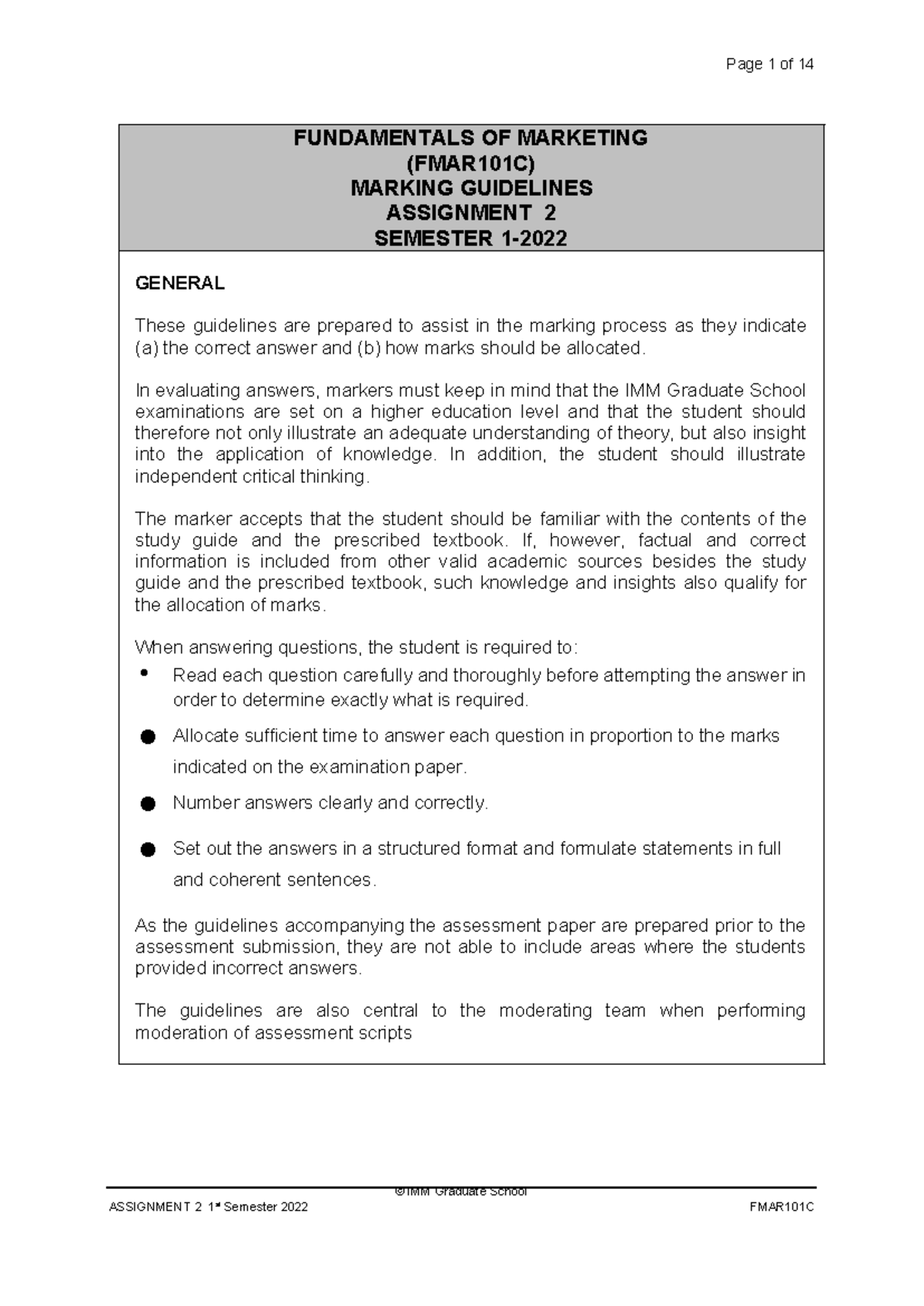 FMAR101C Assignment 2 01-2022 Marking Guidelines - FUNDAMENTALS OF MARKETING (FMAR101C) MARKING ...