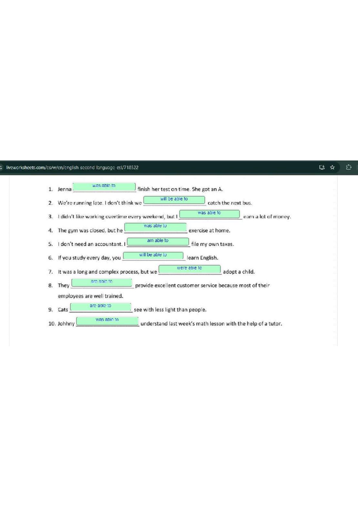 Practica ingles #1 - was able to 1. Jenna finish her test on time. She ...