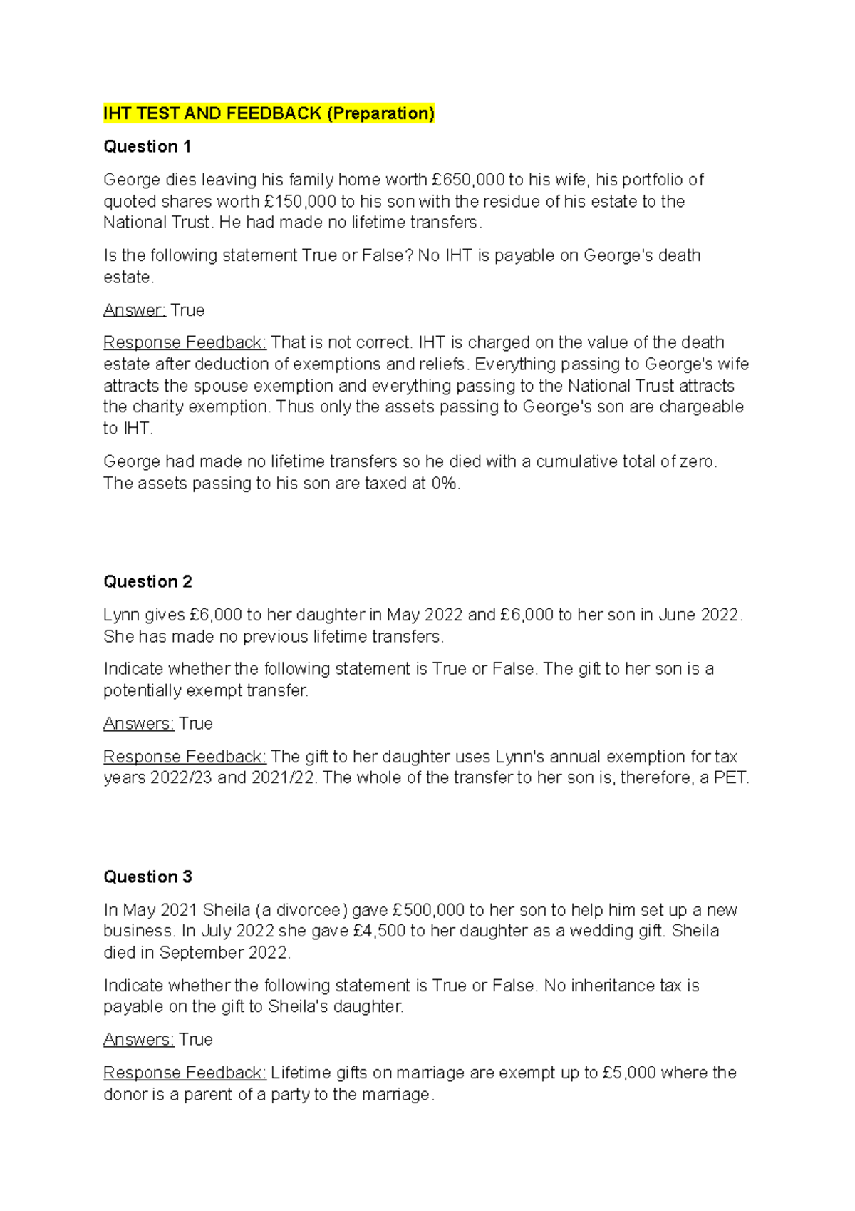 ALL THE TEST AND Feedback - IHT TEST AND FEEDBACK (Preparation ...