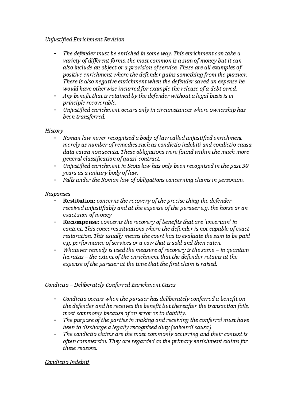 Unjustified Enrichment Revision Notes - Unjustified Enrichment Revision ...