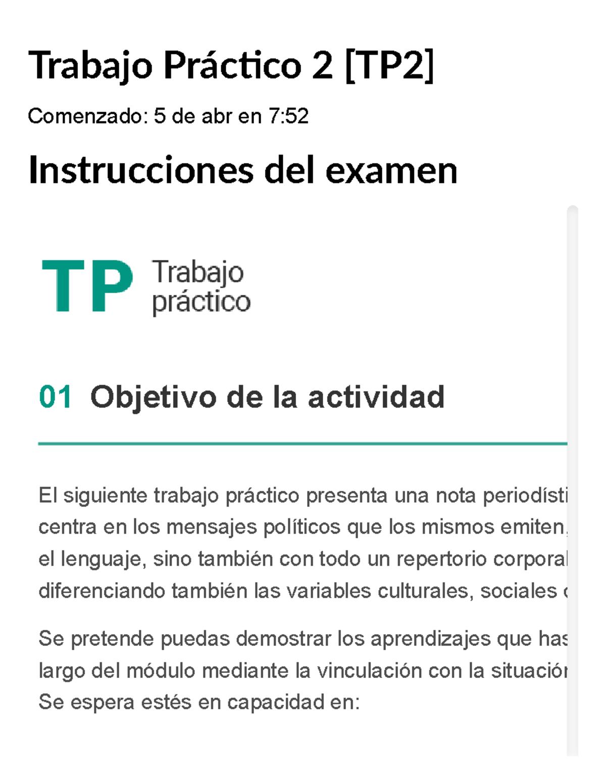 Examen Trabajo Práctico 2 [TP2]95 - Trabajo Prácco 2 [TP2] Comenzado: 5 de abr en 7 ...