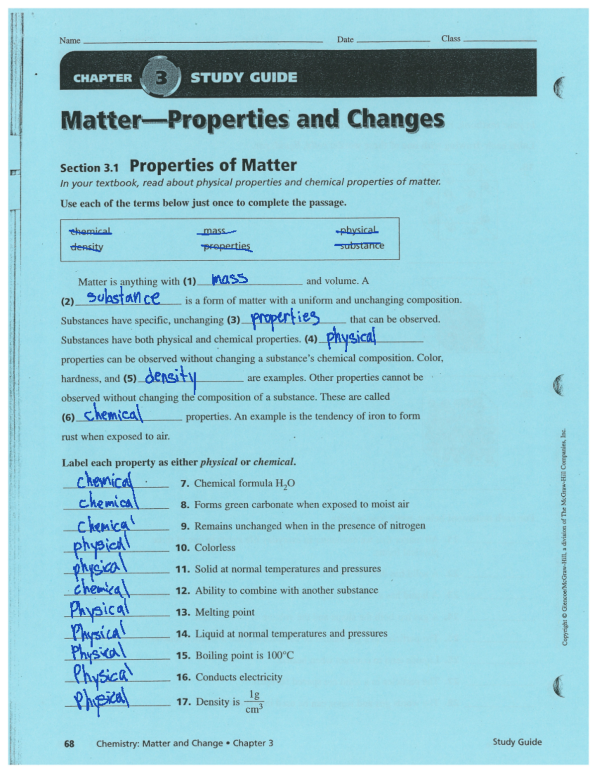 Ch. 3 Review - Chem worksheet - Is substance properties physical ...