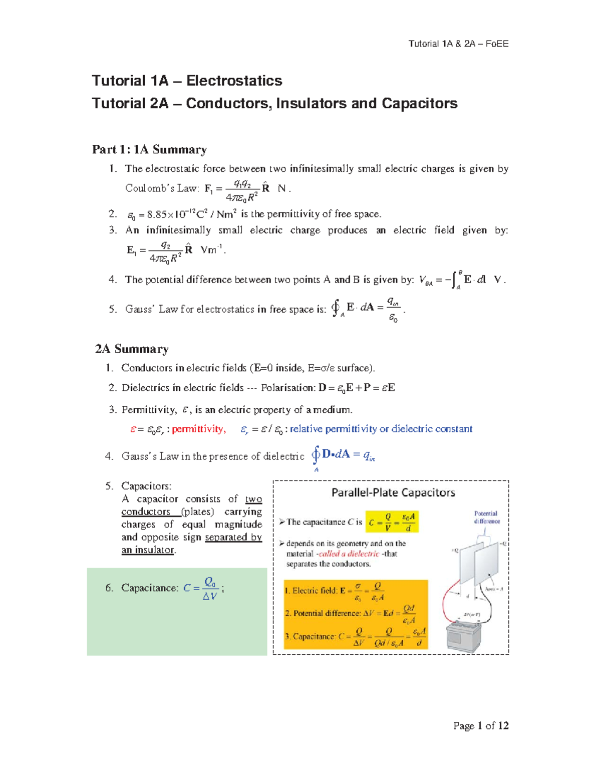 Tutorial 1A 2A - solution 2021 - Tutorial 1A & 2A – FoEE Page 1 of 12 ...