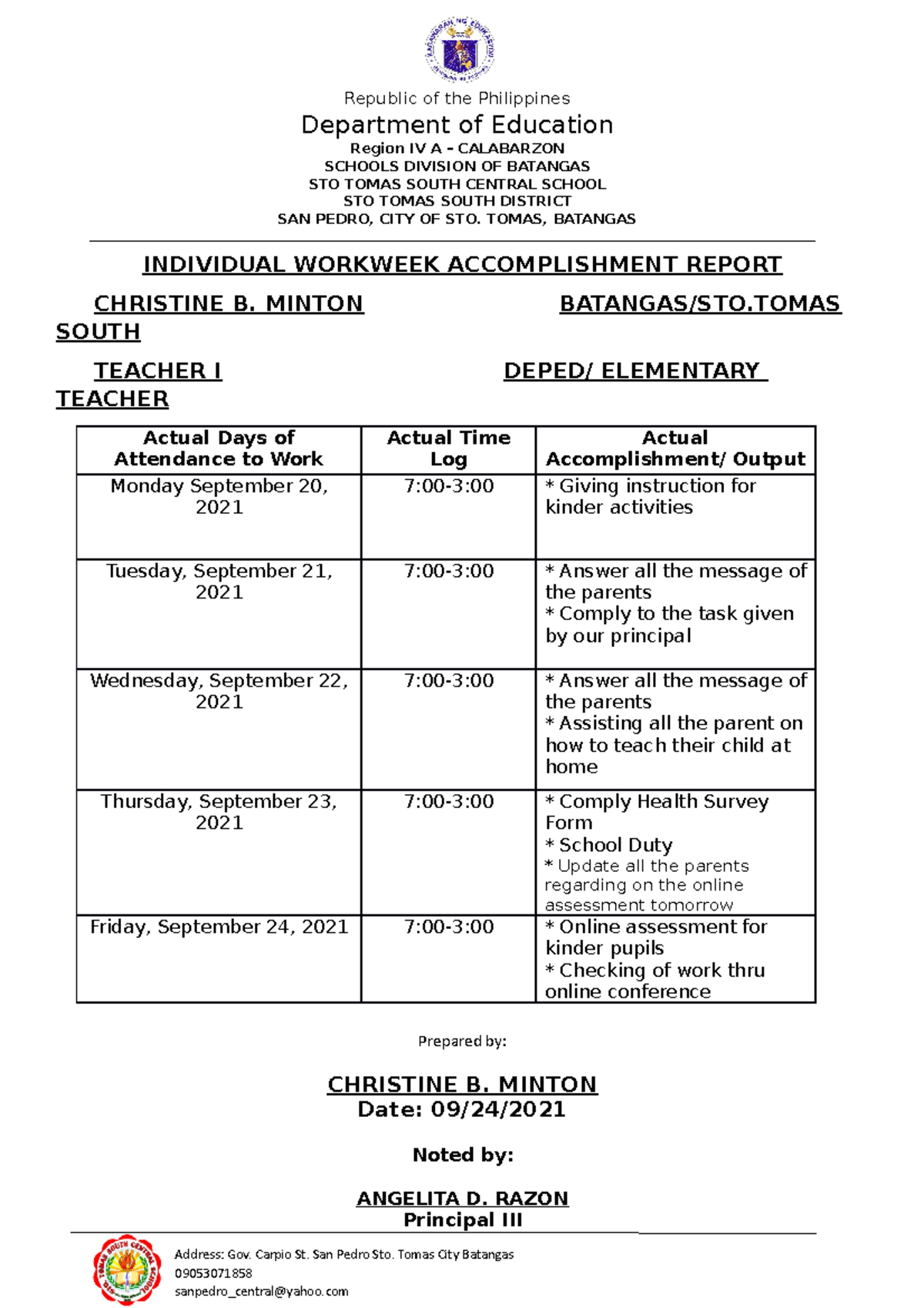 Individual Workweek Accomplishment Report 9-24-2021 - INDIVIDUAL ...