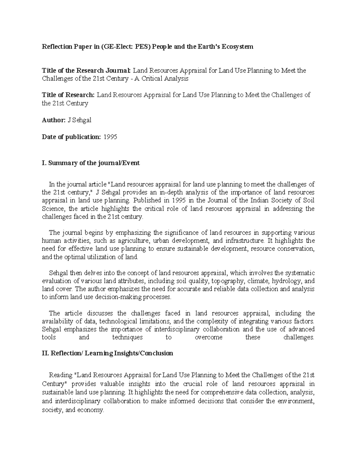 Inbound 3510142924097930434 - Reflection Paper in (GE-Elect: PES) People and the Earth's ...