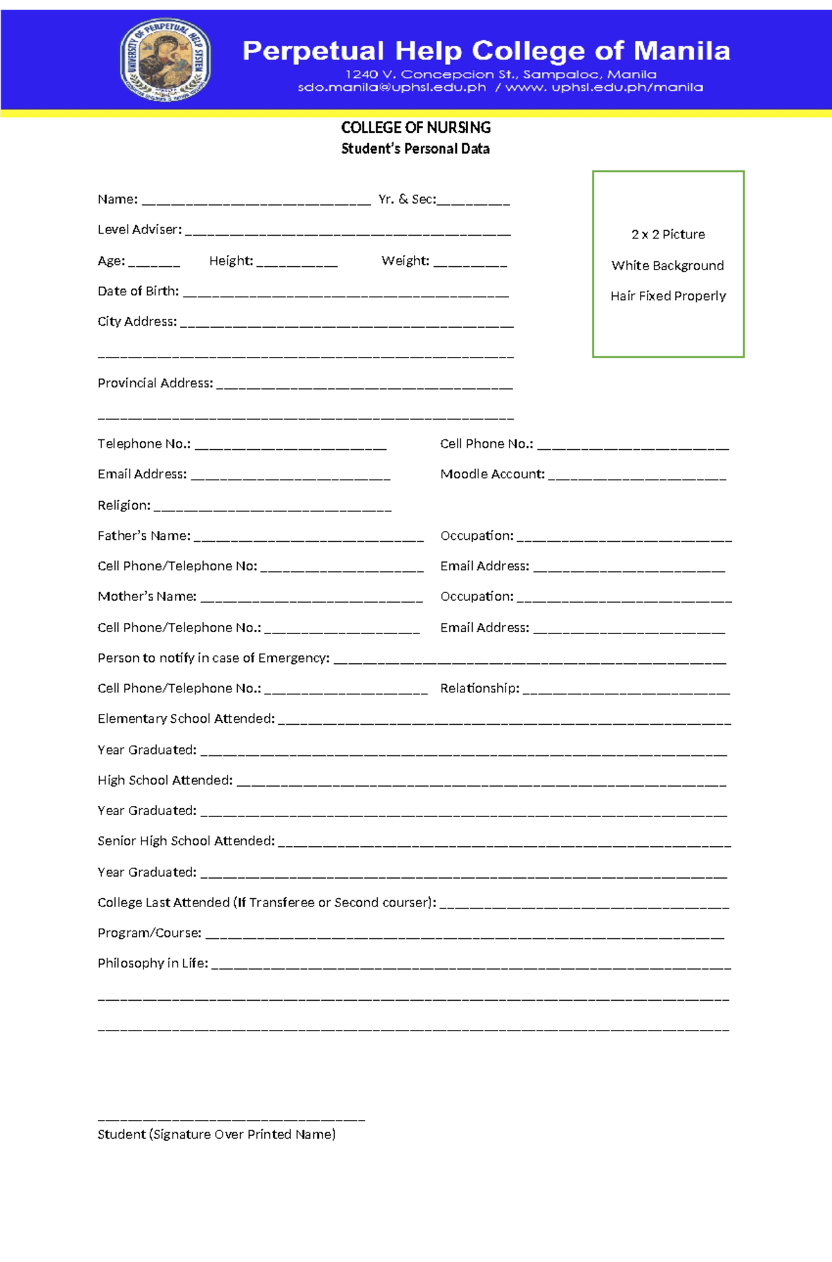 Student- Profile - notes - COLLEGE OF NURSING Student’s Personal Data ...