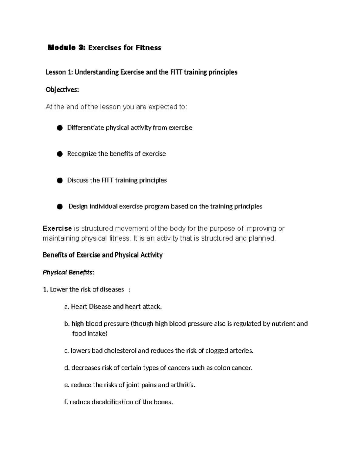 Module 3 Lesson 1 Module 3 Exercises For Fitness Lesson 1 Understanding Exercise And The 