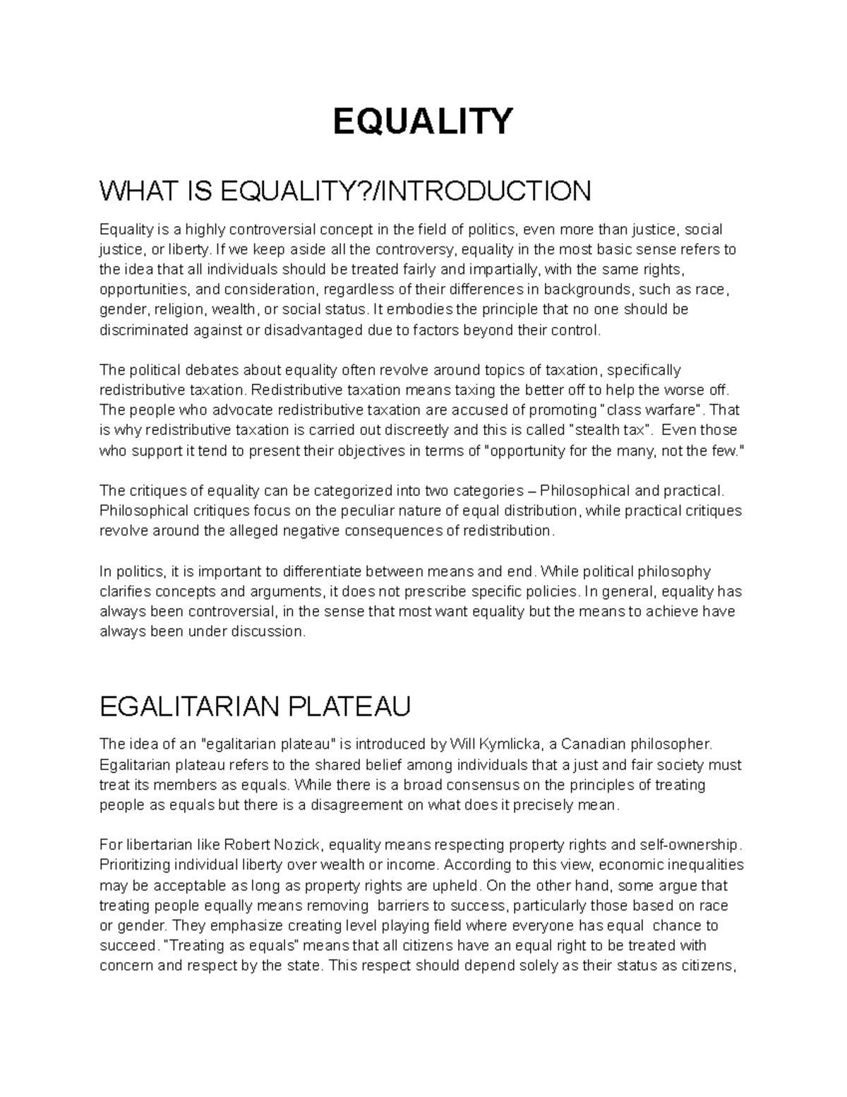 Equality chapter review by Adam Swift - EQUALITY WHAT IS EQUALITY ...