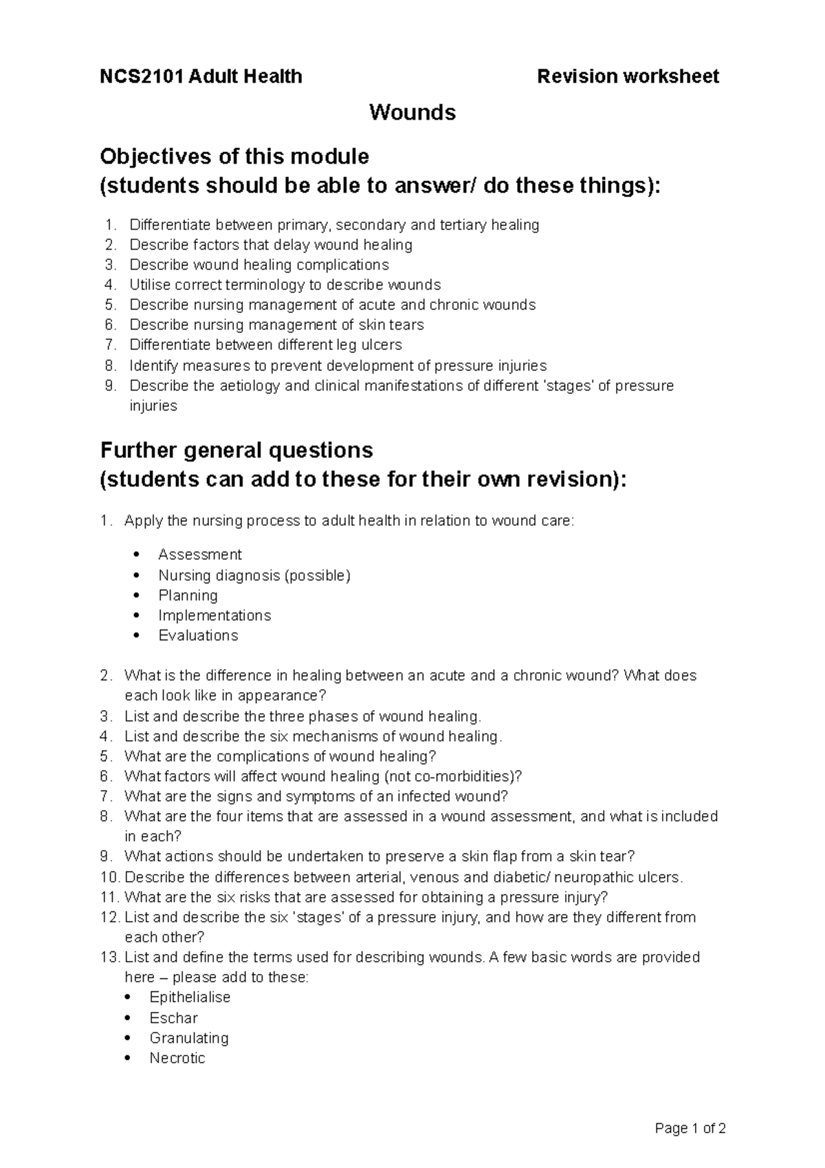 Revision worksheet - Wounds - NCS2101 Adult Health Revision worksheet ...