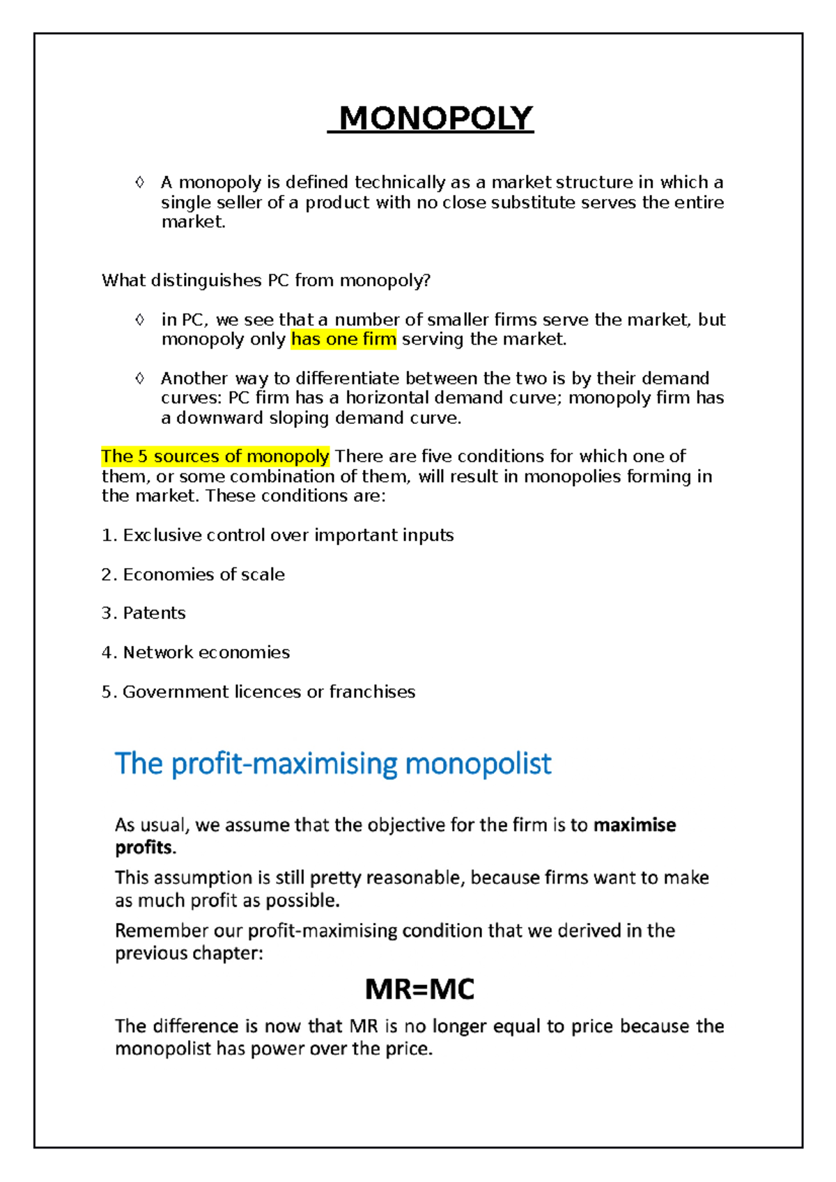 Monopoly - Monompoly notes - MONOPOLY A monopoly is defined technically ...