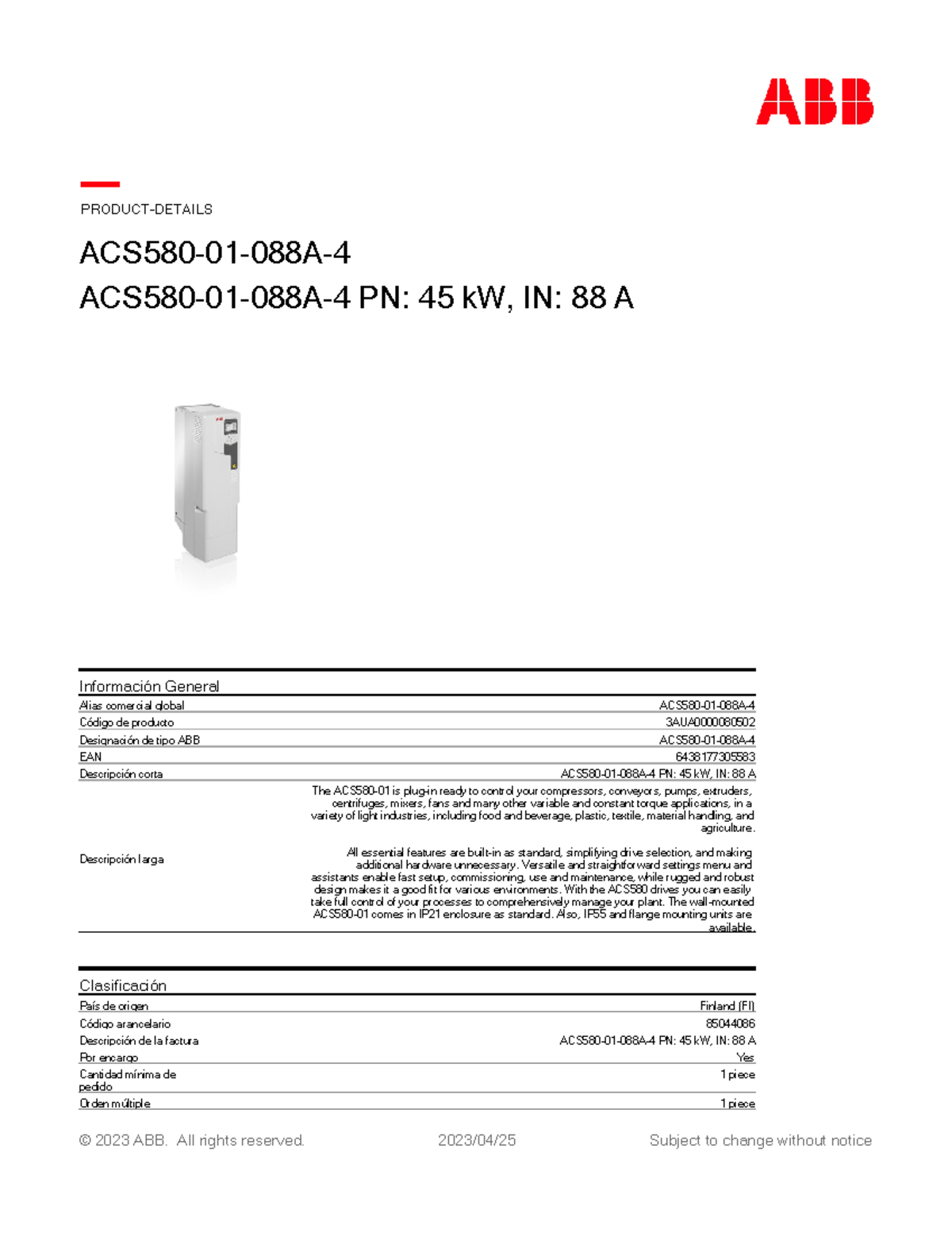 ACS58001088 A4 ABB - ACS580-01-088A-4 PN: 45 kW, IN: 88 A ACS580-01 ...