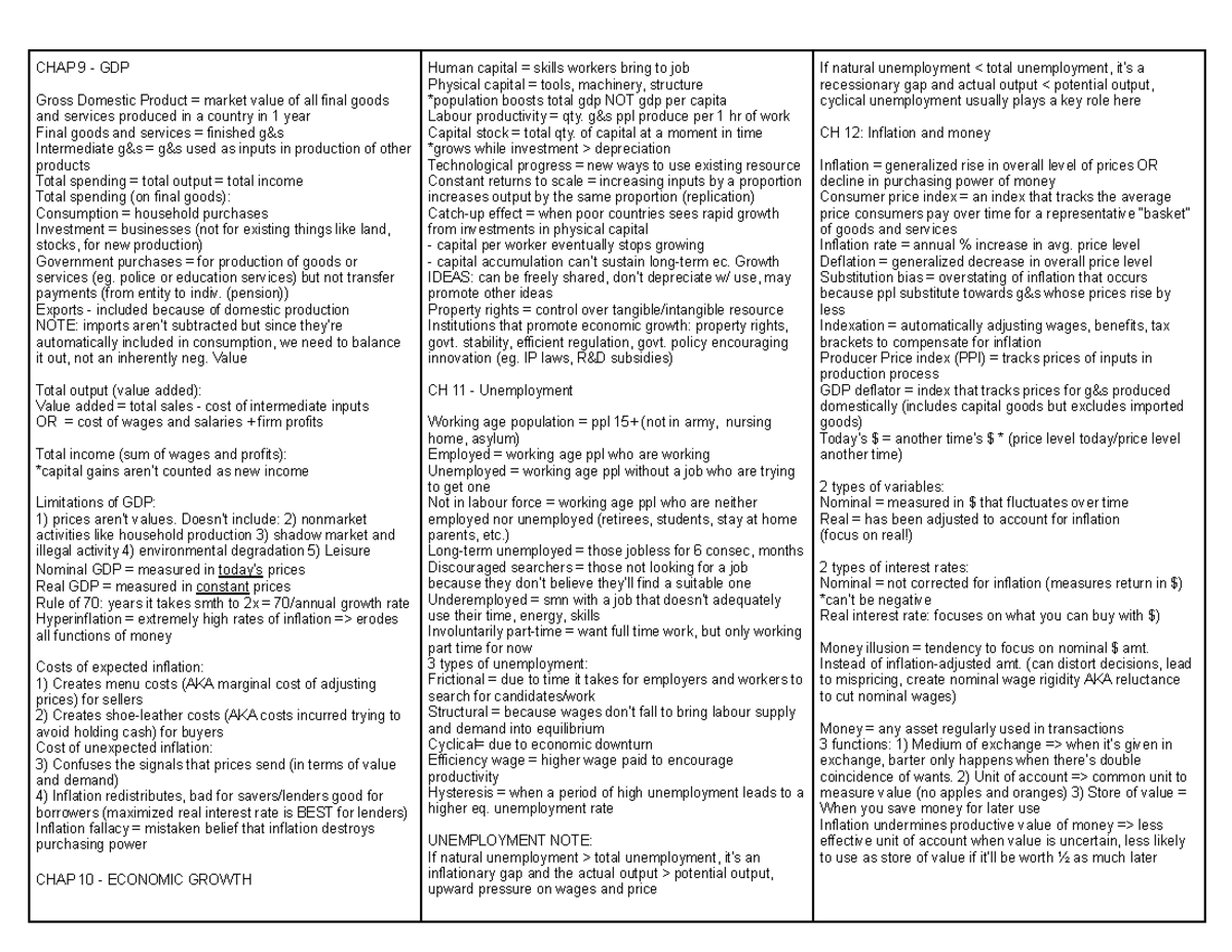 Ec140 midterm 1 cheatsheet - CHAP 9 - GDP Gross Domestic Product ...