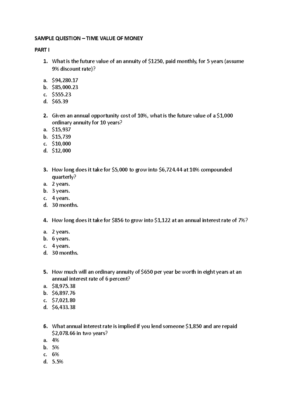 Sample 1 questions without answers - SAMPLE QUESTION TIME VALUE OF ...