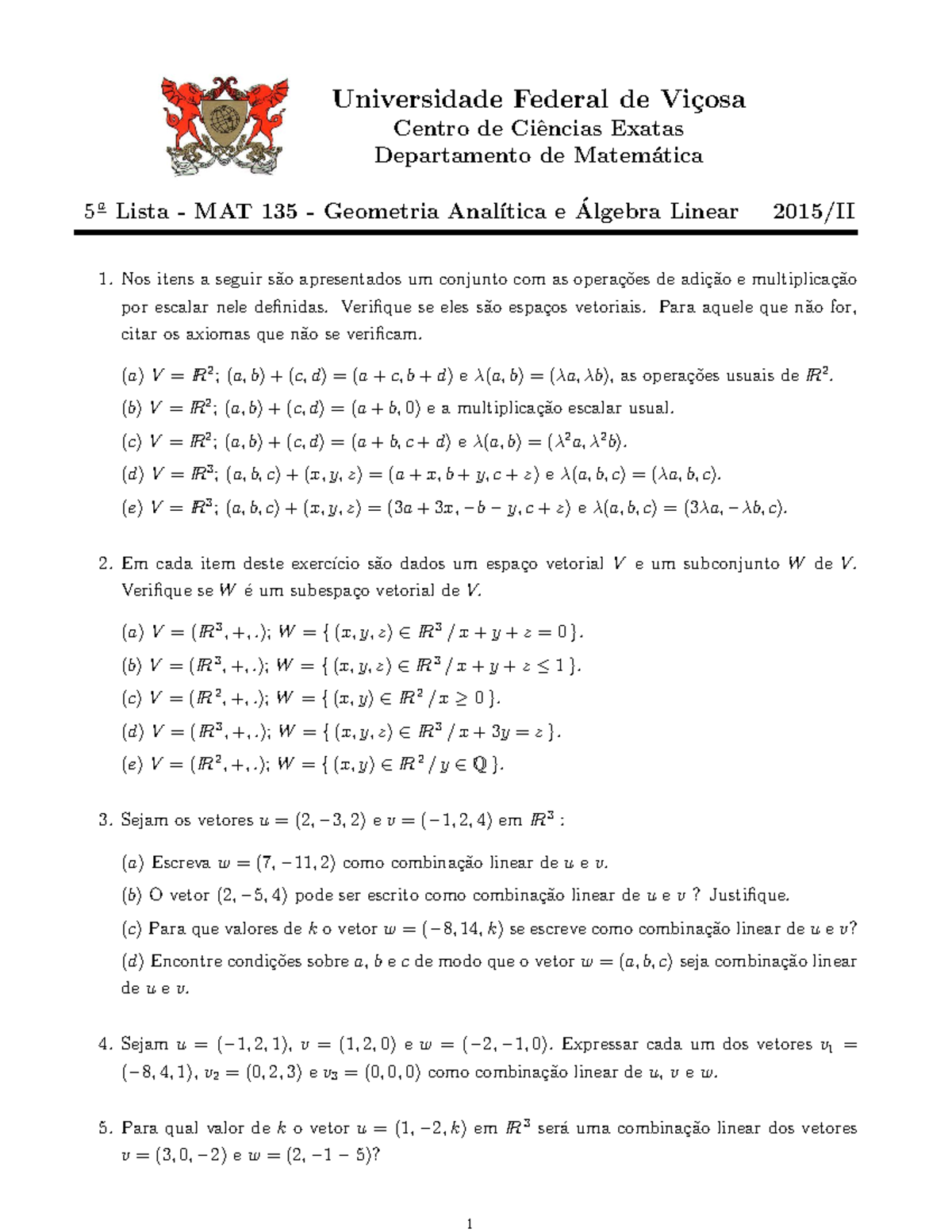 Lista 5 MAT135 - 2015 - MAT 135 - 2015-II - Universidade Federal de Vi ...