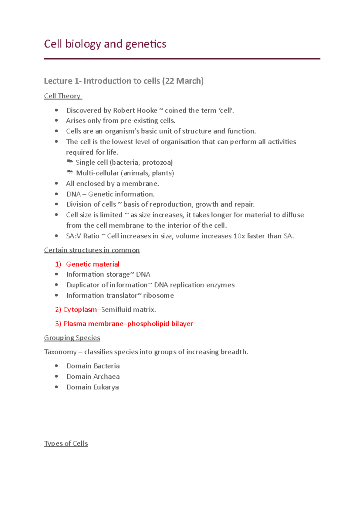 Cell biology and genetics notes - Cell biology and genetics Lecture 1 ...