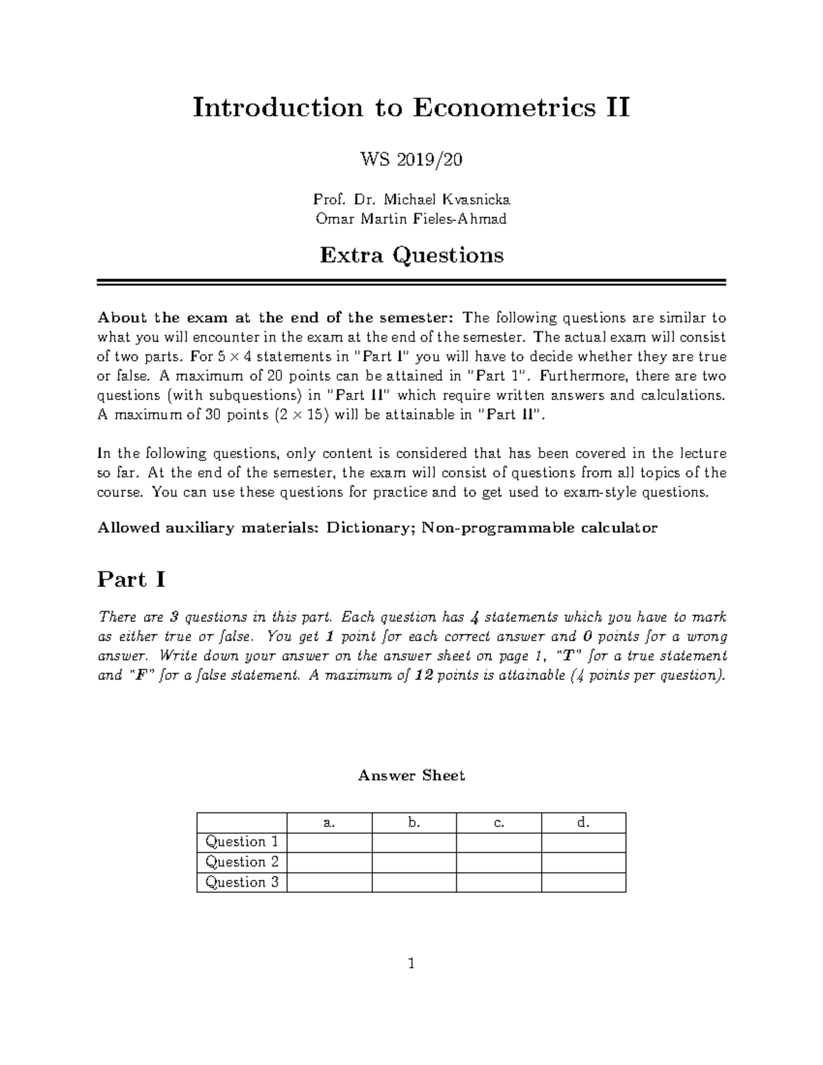 Econometrics mock exam - Introduction to Econometrics II WS Prof. Dr ...