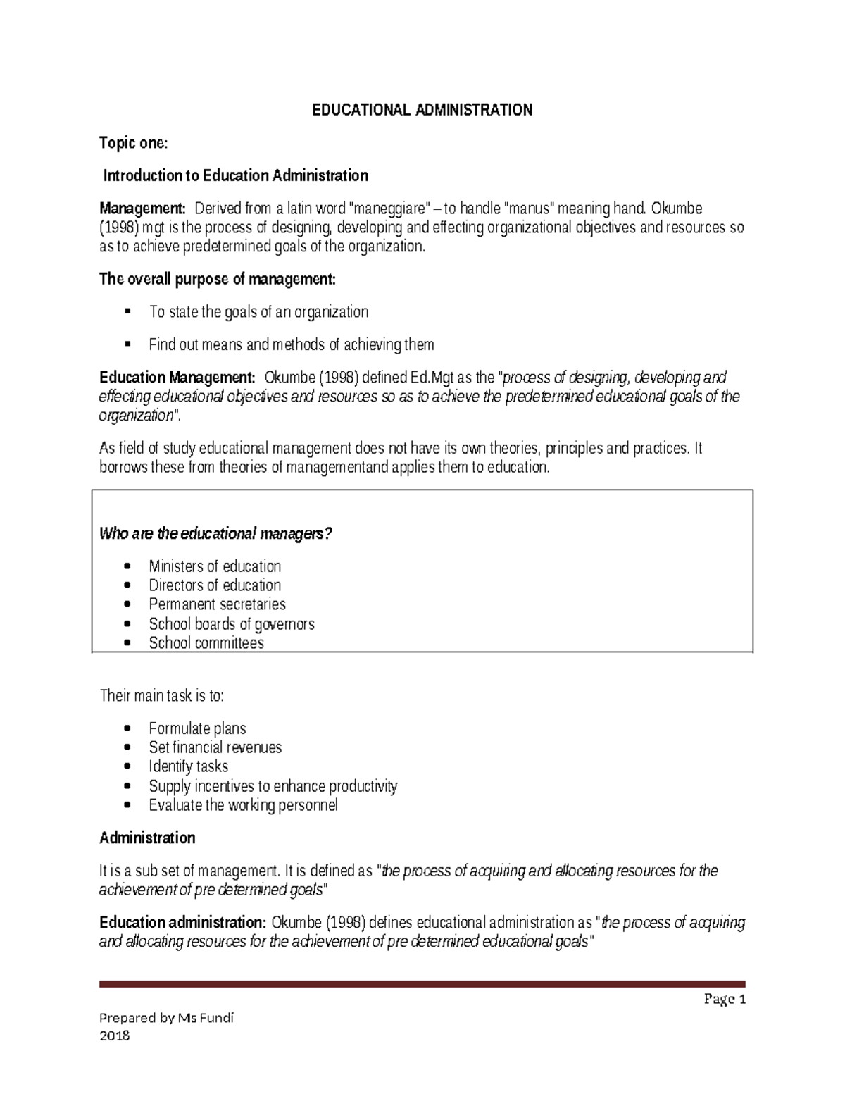 Educational Administration notes (1) - EDUCATIONAL ADMINISTRATION Topic ...