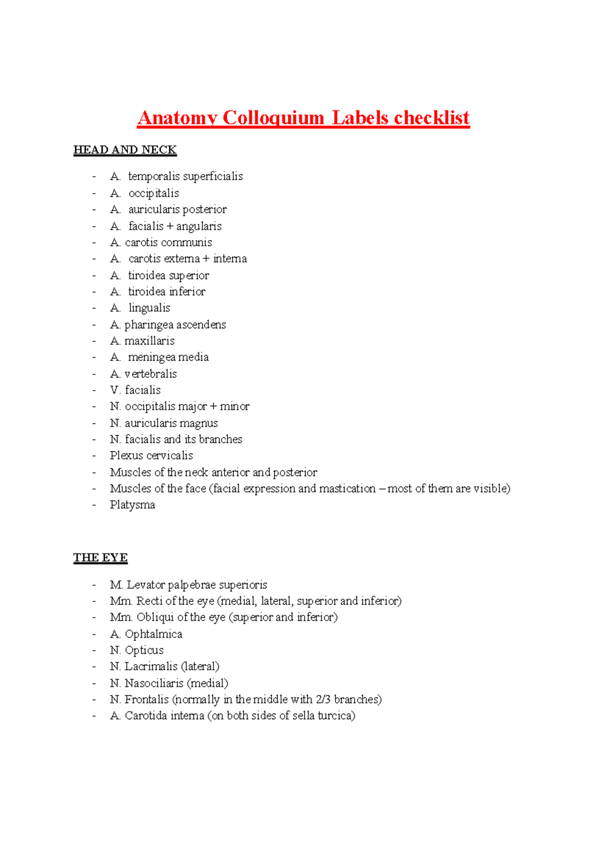 Anatomy Checklist - Dissections Colloquium 2021-2022 - Anatomy ...