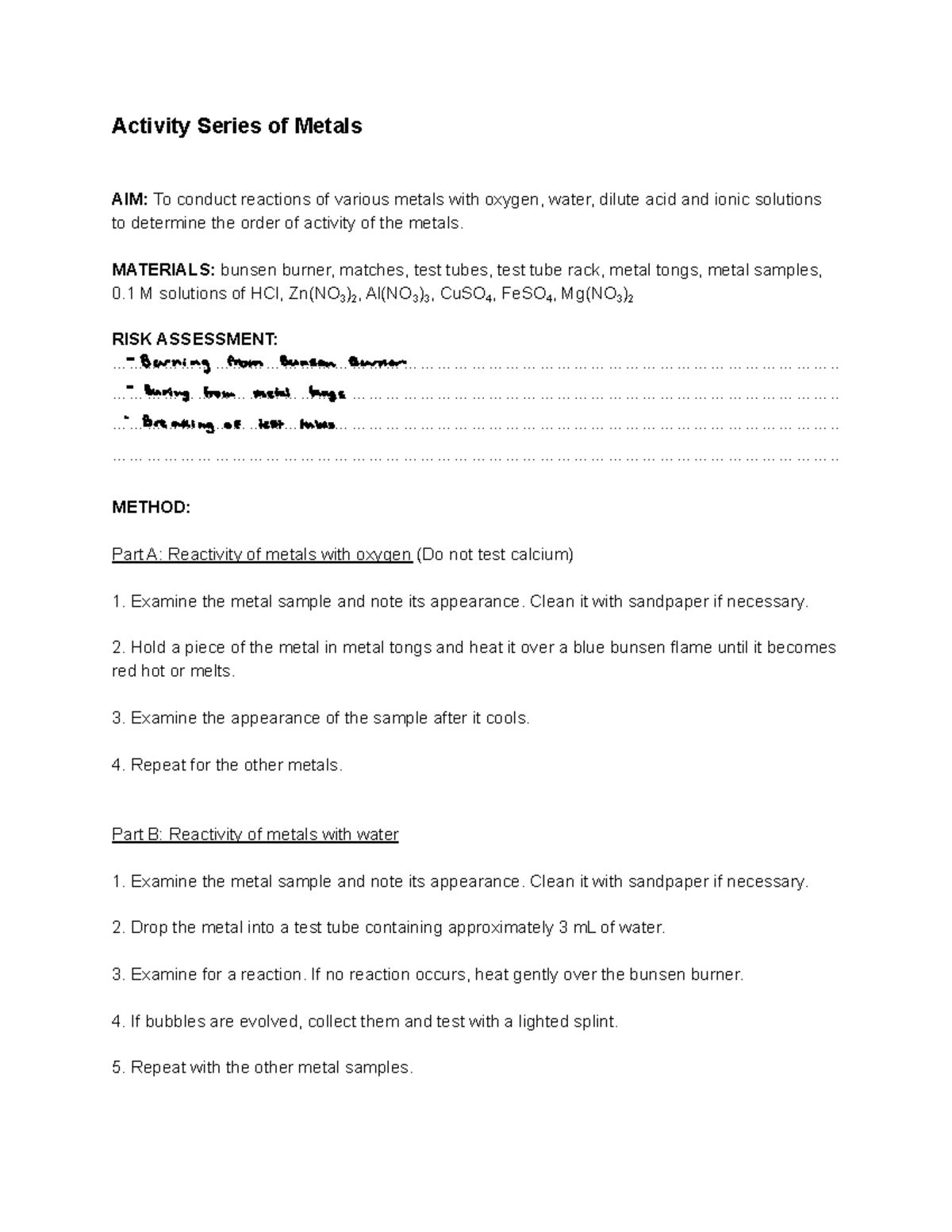 Activity Series of Metals worksheet - Activity Series of Metals AIM: To ...