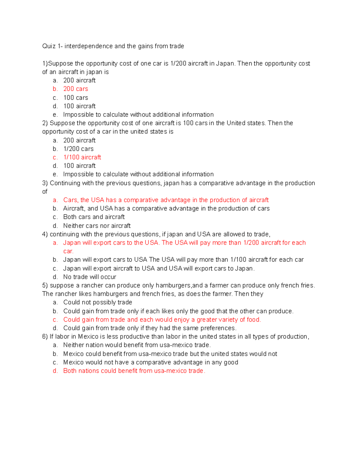 Economics quiz 1 - Quiz 1- interdependence and the gains from trade 1 ...