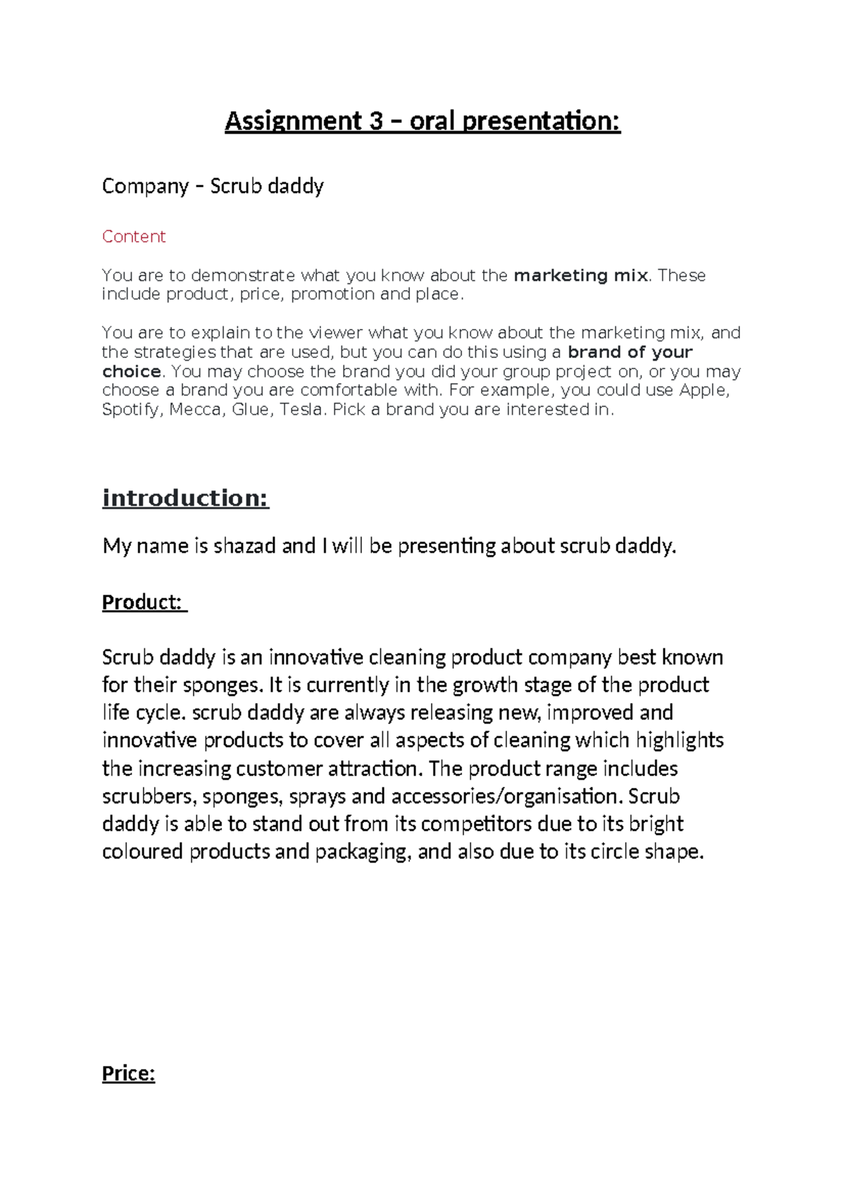 Assignment 3 - oral - Assignment 3 – oral presentation: Company – Scrub ...