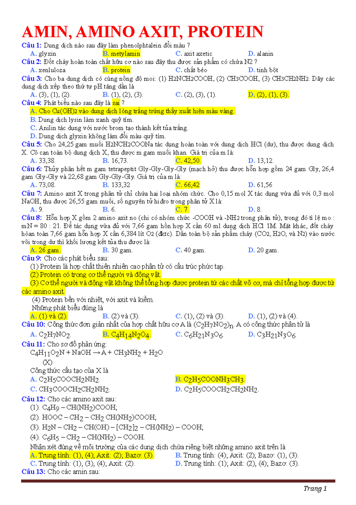 AMIN Amino AXIT Protein - AMIN, AMINO AXIT, PROTEIN Câu 1: Dung dịch nào sau đây làm ...