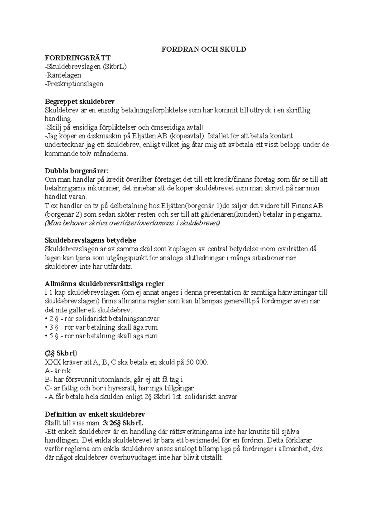 Fodrings och skuldebrev - FORDRAN OCH SKULD FORDRINGSRÄTT ...