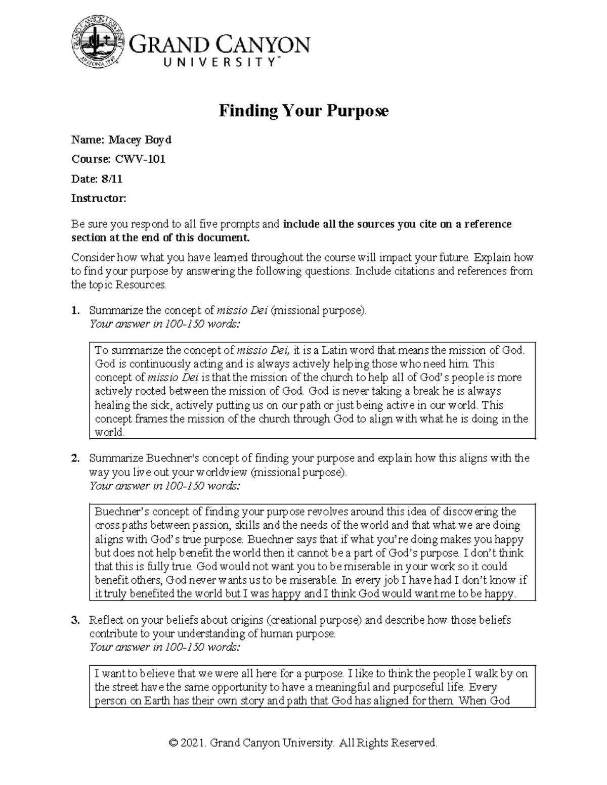 CWV-101 Finding Your Purpose - Finding Your Purpose Name: Macey Boyd ...