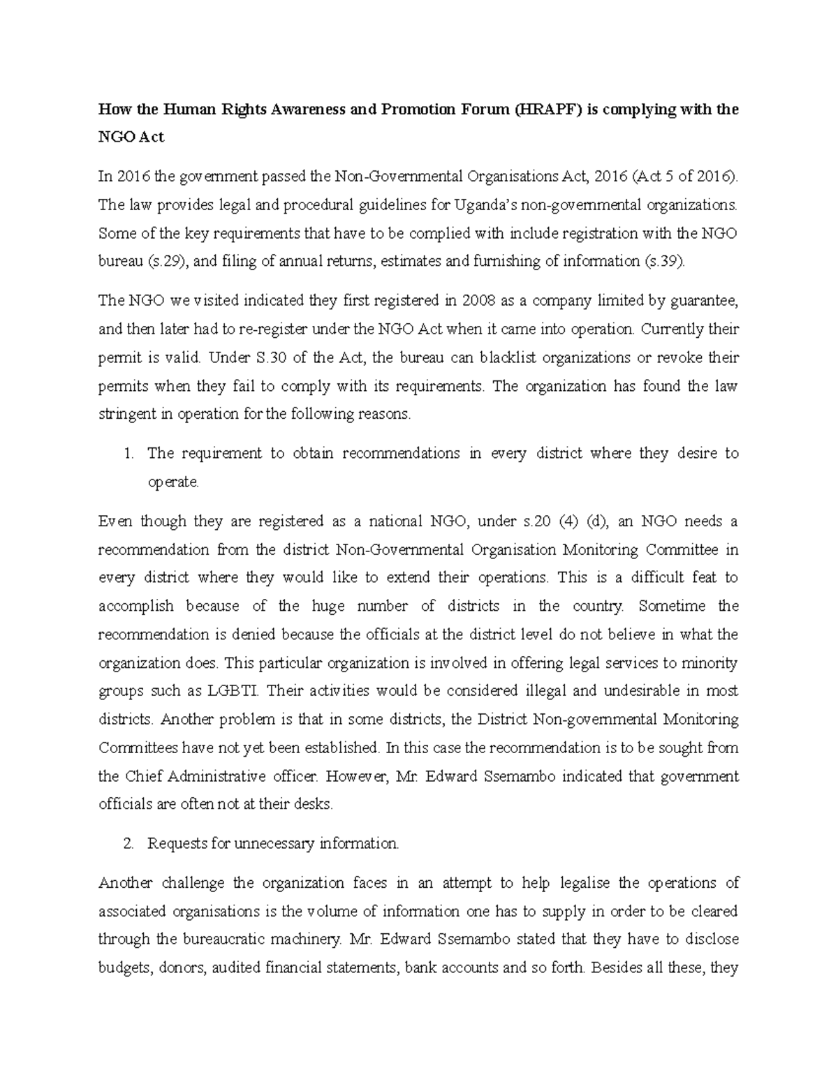 Hrapf Compliance with the NGO Act - How the Human Rights Awareness and ...