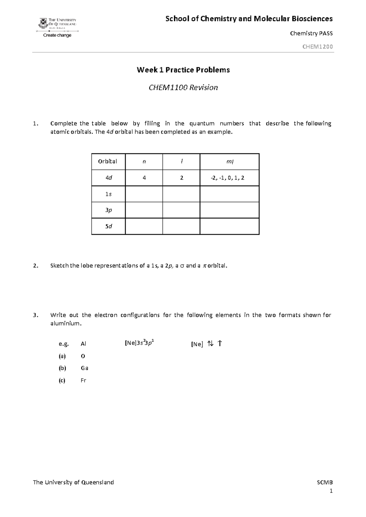 CHEM1200 - Week 1 PASS Worksheet - Chemistry PASS CHEM The University ...
