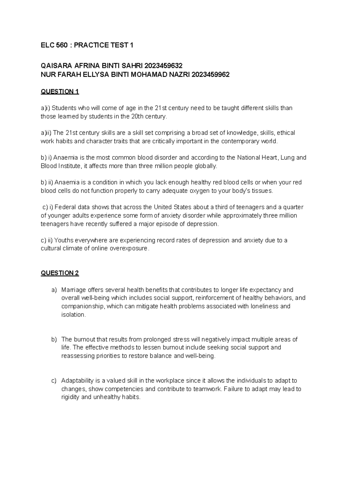 ELC ( PAIR WORK) - ELC 560 : PRACTICE TEST 1 QAISARA AFRINA BINTI SAHRI ...