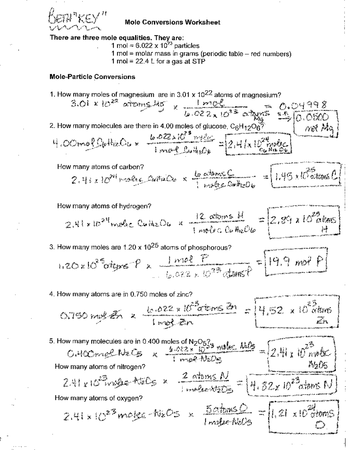 Mole Conv WS KEY - Answer key for the assignment - Mole Conversions ...